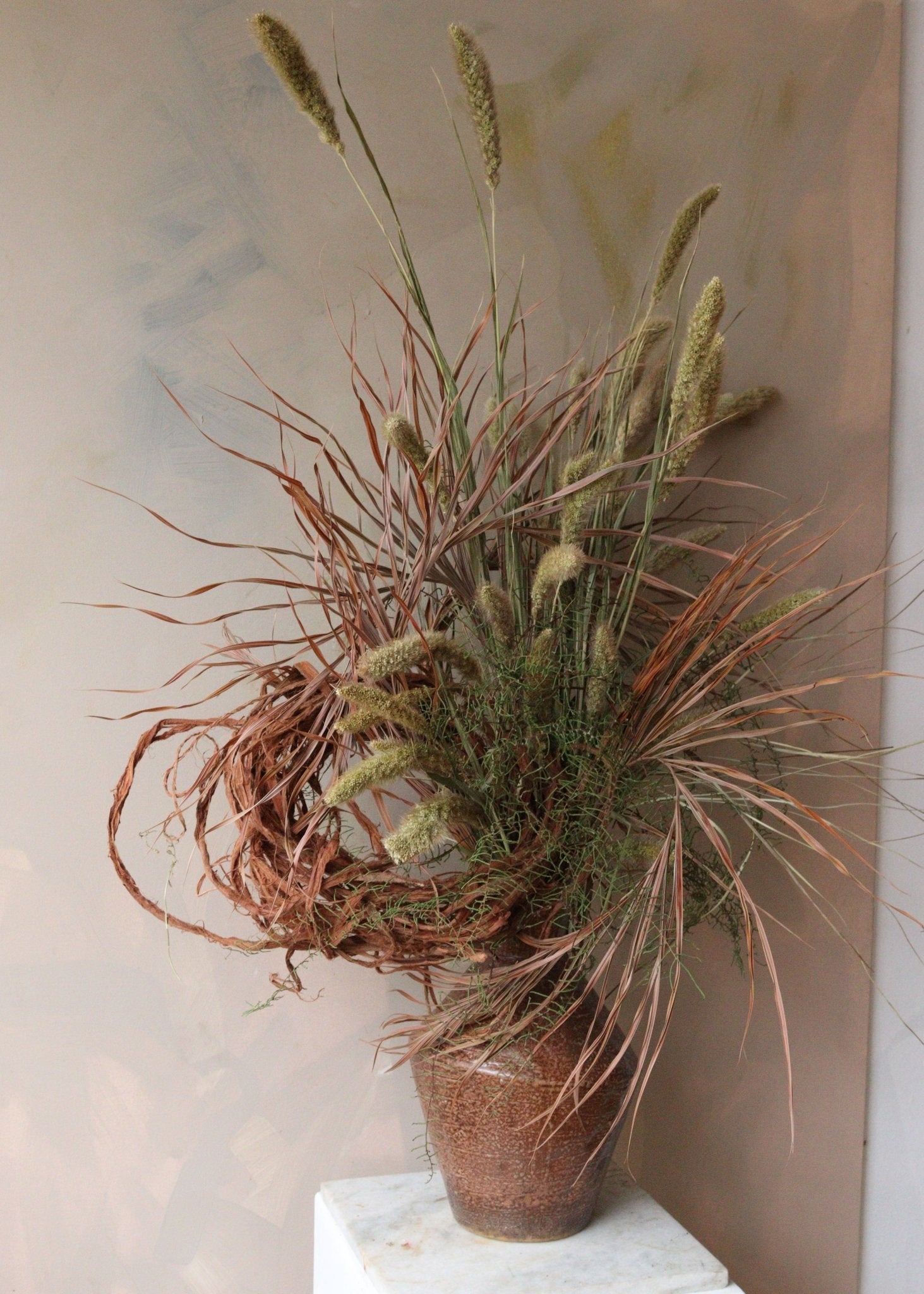 Dried Flowers with Natural Green Grasses and Brown Vase – Design by ...