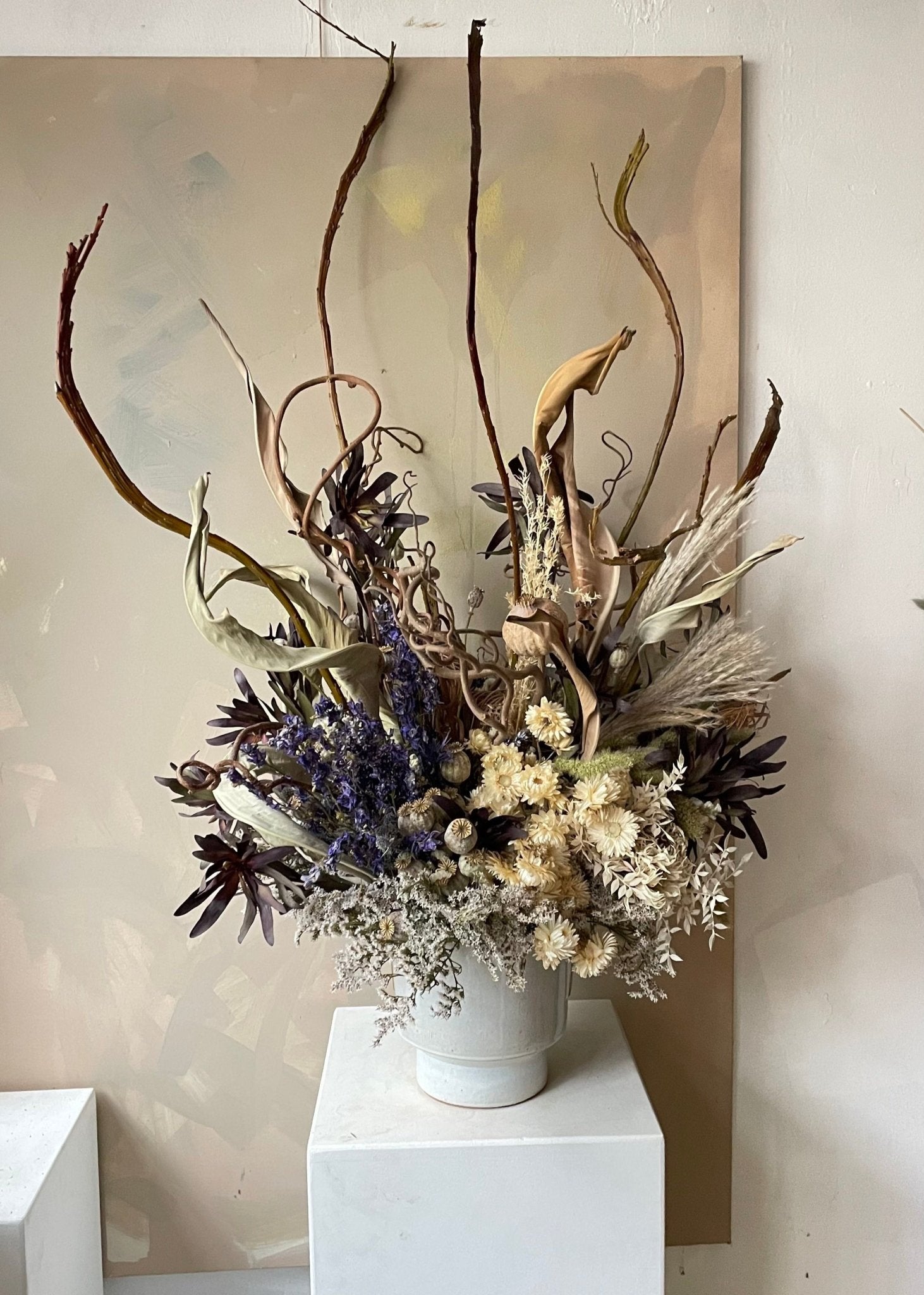 Luxury Dried Flower Arrangement with Modern Blue and White Flowers ...